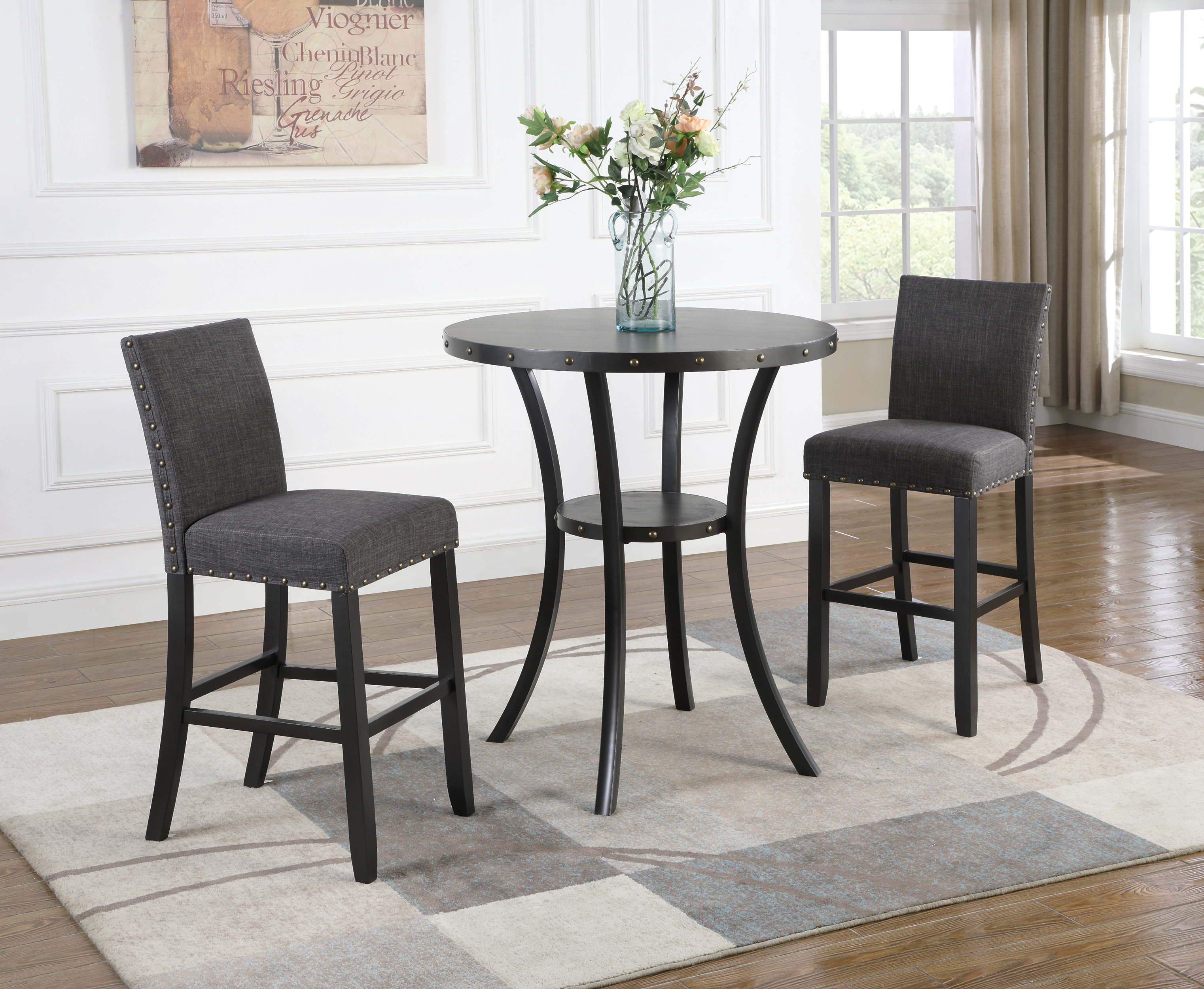 Winston Porter Biony 3-Piece 36" Round Espresso Finish Bar Table With 2 Fabric Nail Head Pub ...